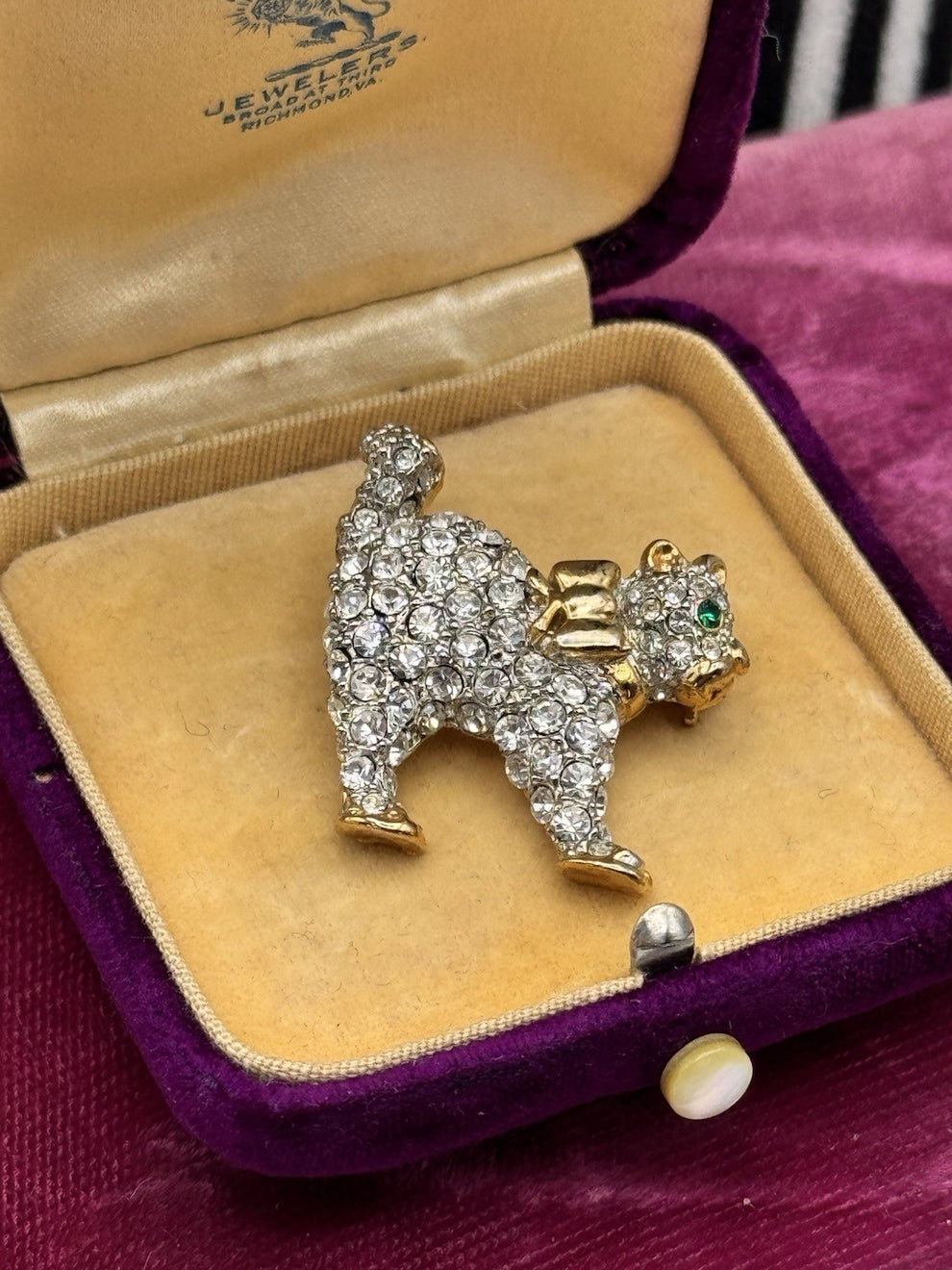 Vintage Rhinestone Cat Brooch Pin Goldtone Clear Crystals Green Eyes 1 ...