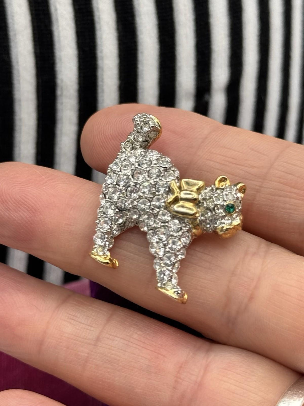 Vintage Rhinestone Cat Brooch Pin Goldtone Clear Crystals Green Eyes 1 ...