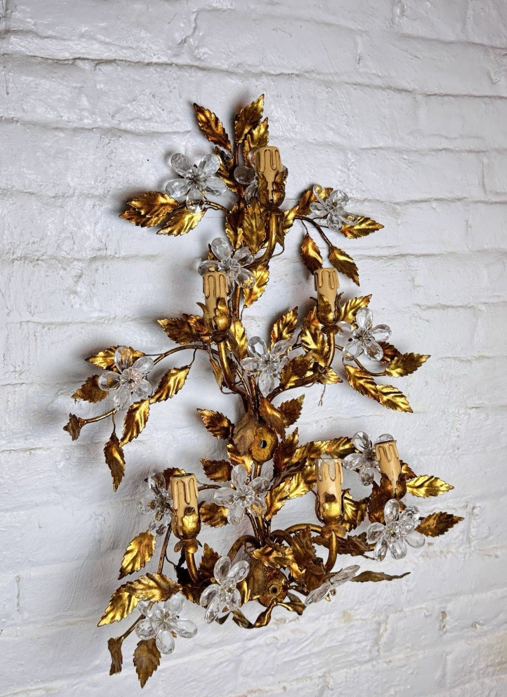 Maison Bagues Style Gilt Tole Wall Sconces Pair 6 Light Crystal Flower ...