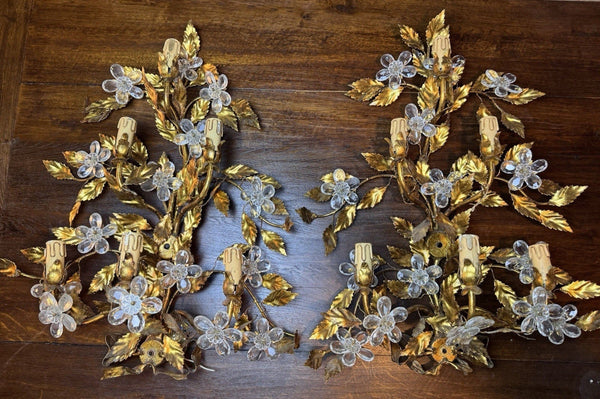 Maison Bagues Style Gilt Tole Wall Sconces Pair 6 Light Crystal Flower ...